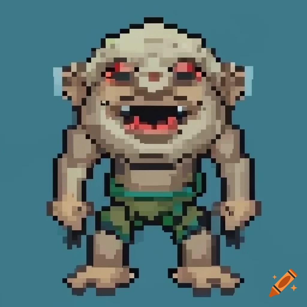 Small stone troll depicted in pixel art on Craiyon
