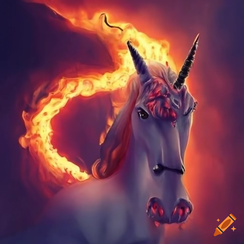 Hellish unicorn with fire and giant horn on Craiyon