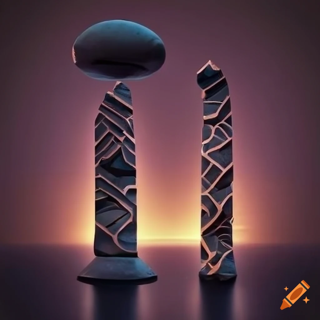 Futuristic stone pillar with energy grooves and circuitry details on ...