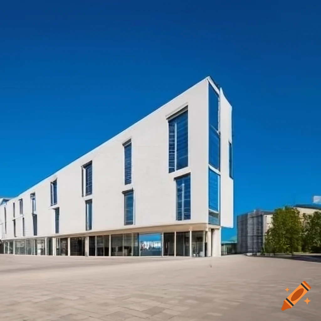 Modern three-story school building with silver torch sculpture in ...