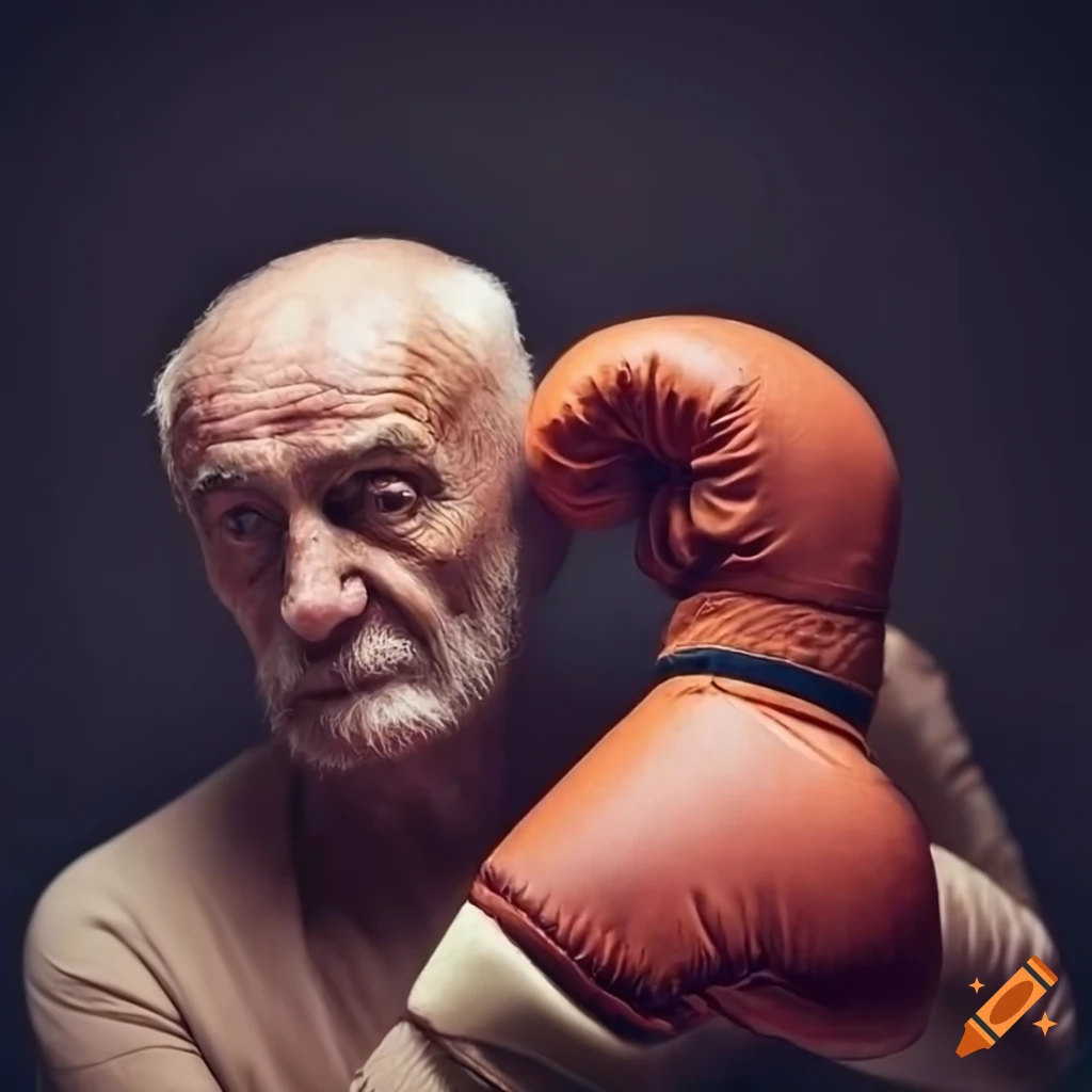 Sixty-year-old modern man holding an old boxing glove in the style of ...