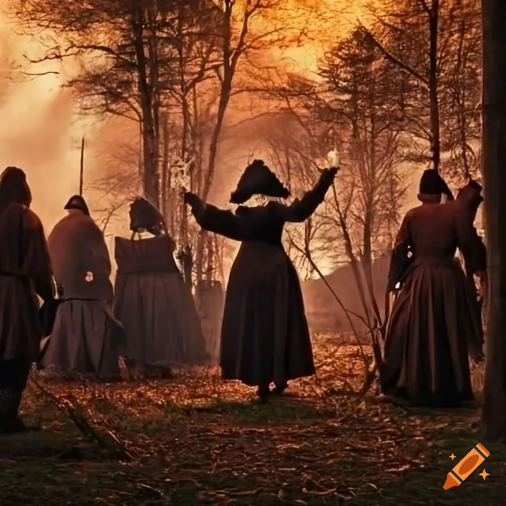 Historical scene of salem witch trial reenactment in a colonial village ...