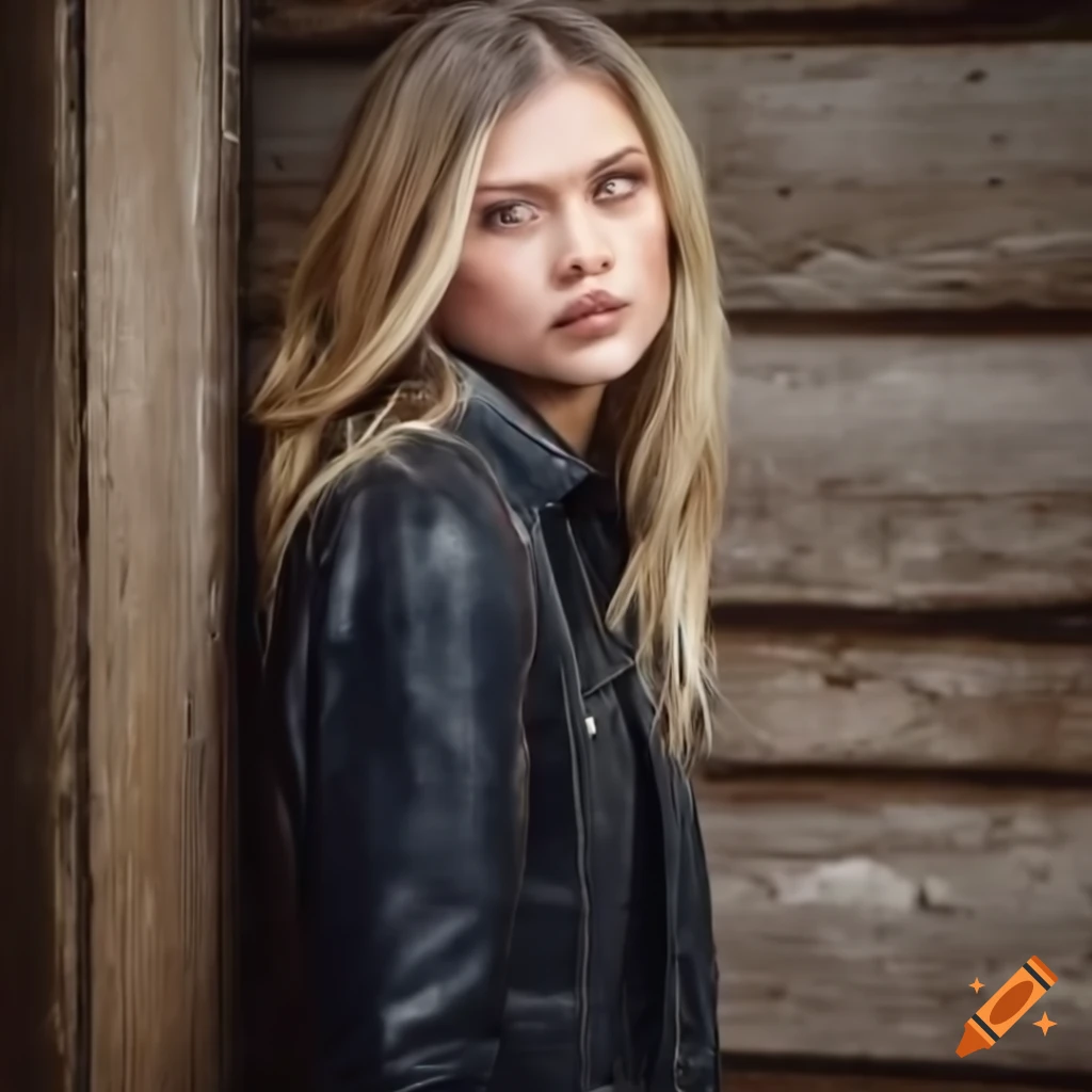 Blonde actress in plaid shirt and black leather jacket on Craiyon