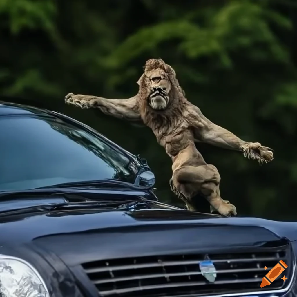 Lion-man figure in heroic pose riding on a car hood on Craiyon