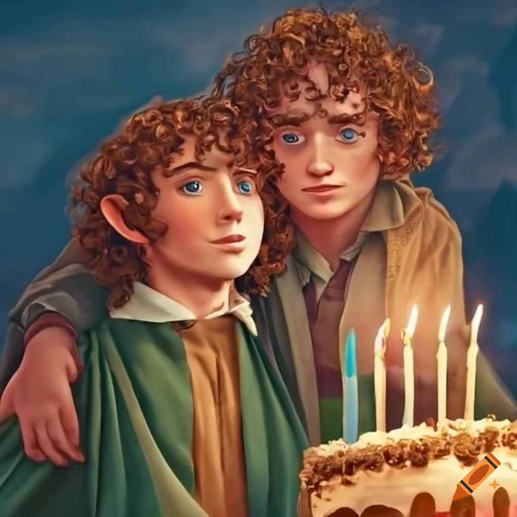 Frodo and sam celebrating with a birthday cake on Craiyon