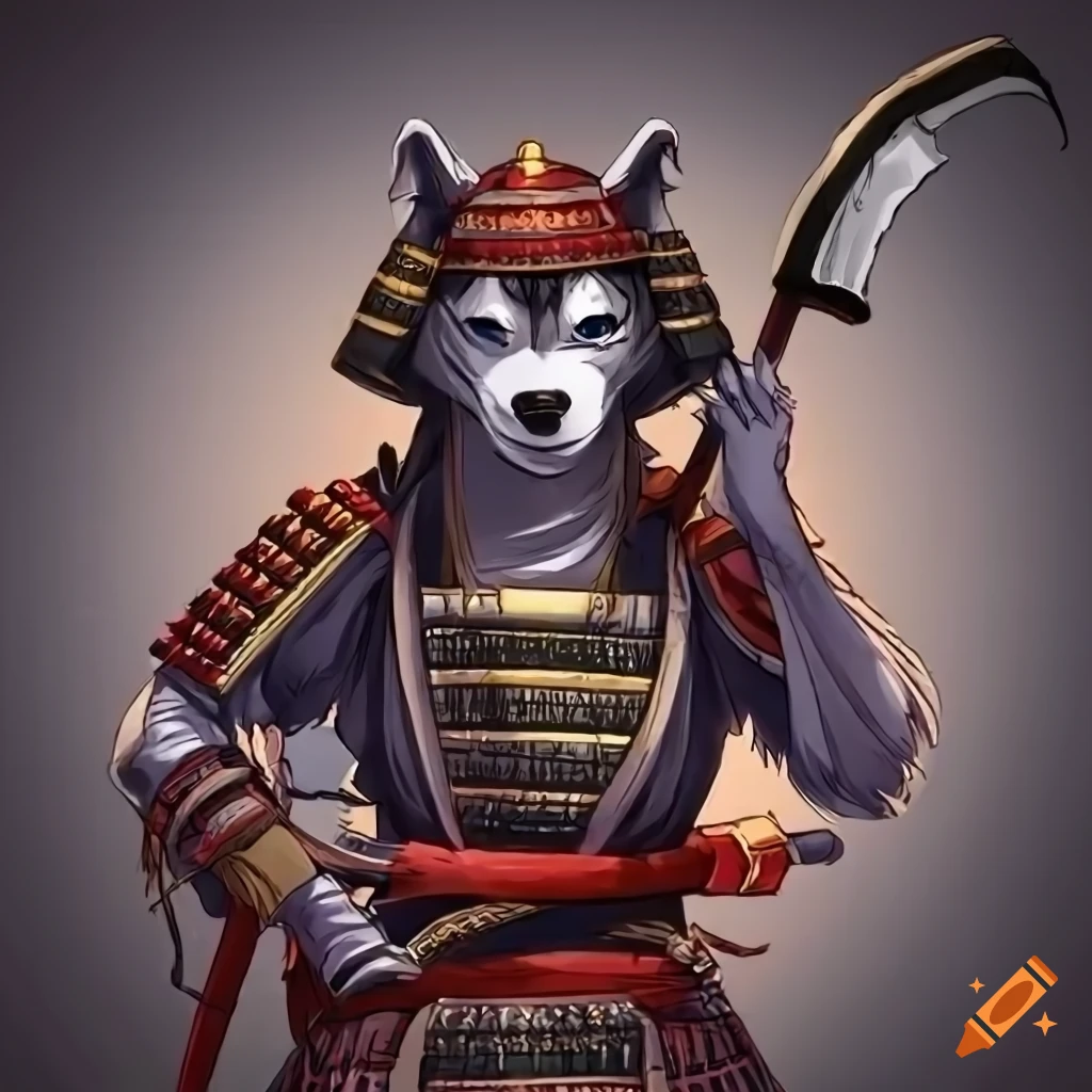 Husky in samurai costume holding a scythe in anime style on Craiyon