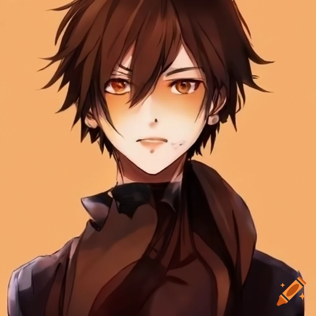 Anime guy with brown hair, tan skin, and fiery orange eyes on Craiyon