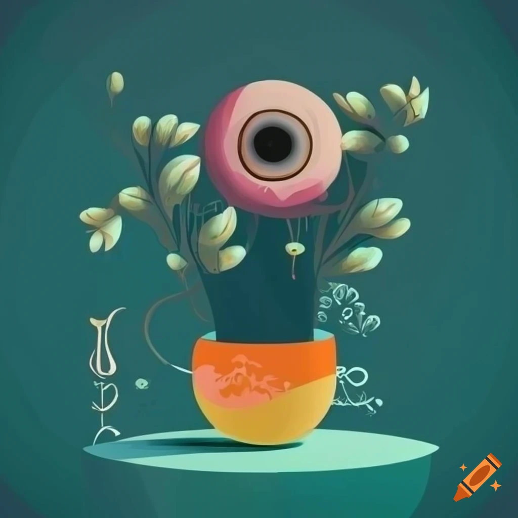 Surreal flat design of a decorative pot and cyclops-eye flowers on a ...