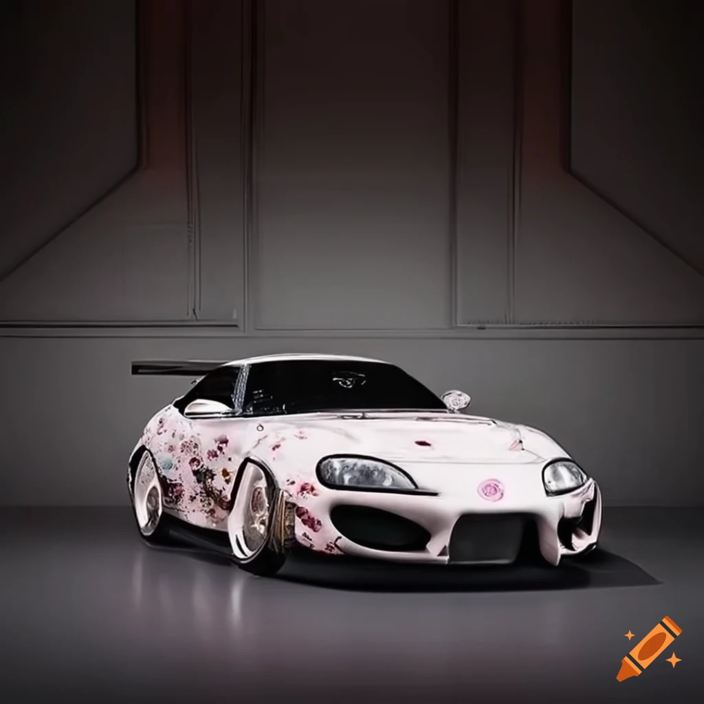 White toyota supra mk4 with cherry blossom patterns on Craiyon