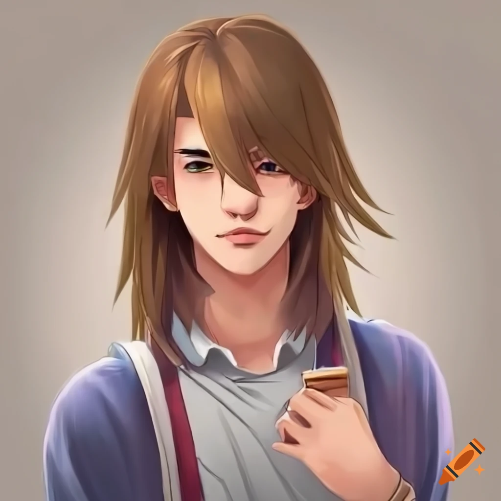 Slim dorky male college student with long light brown hair in a ...