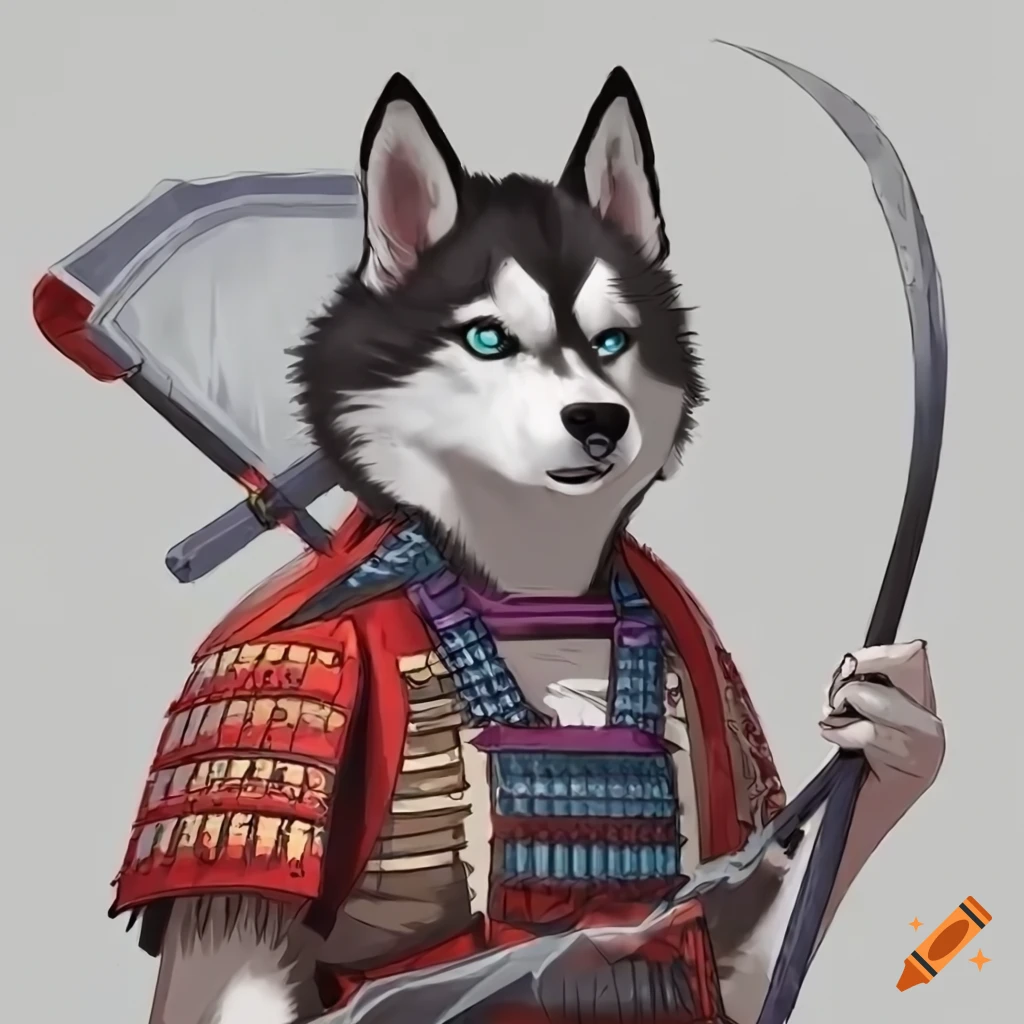 Husky in samurai costume holding a scythe in anime style on Craiyon