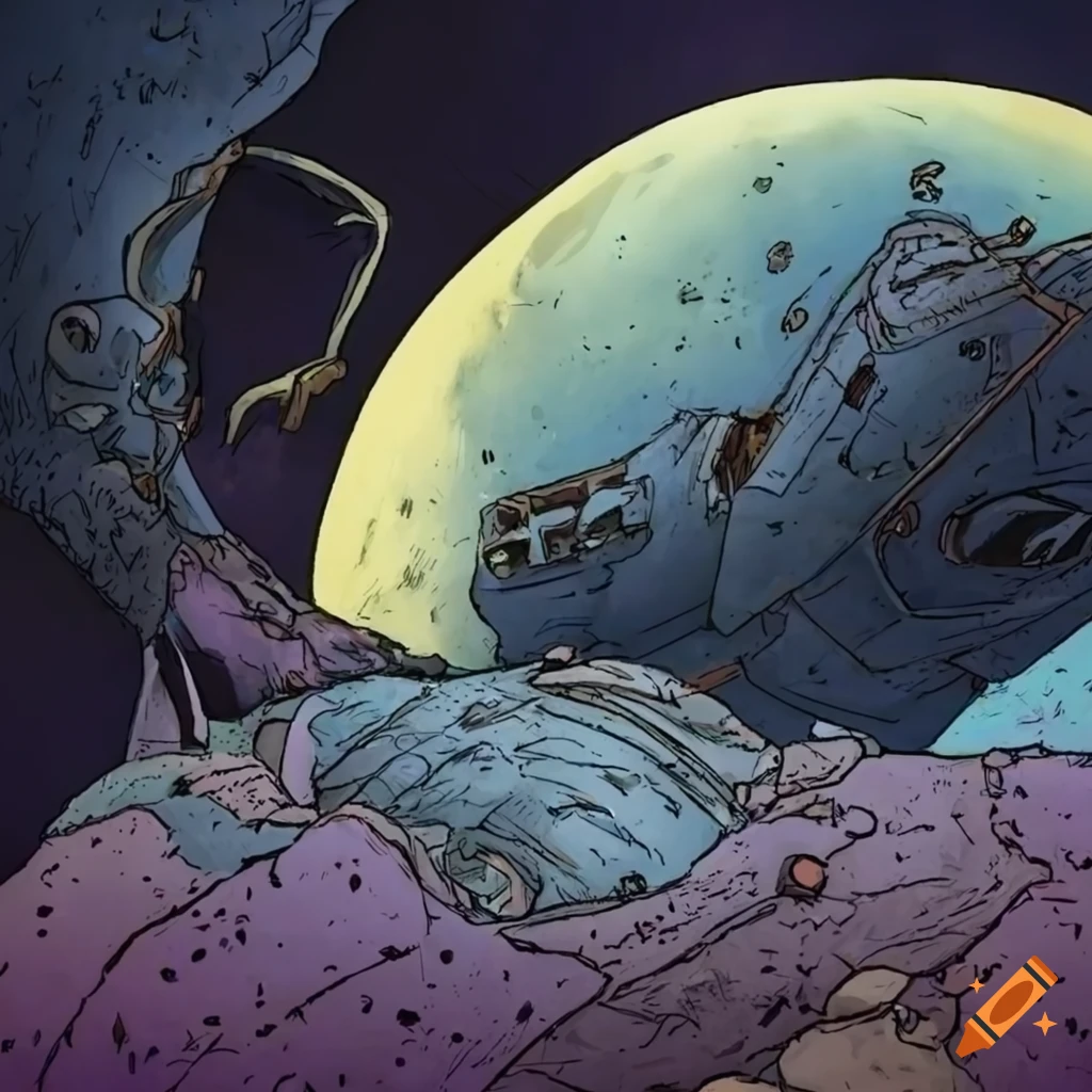 Crashed spaceship on a desolate moon in the style of moebius on Craiyon