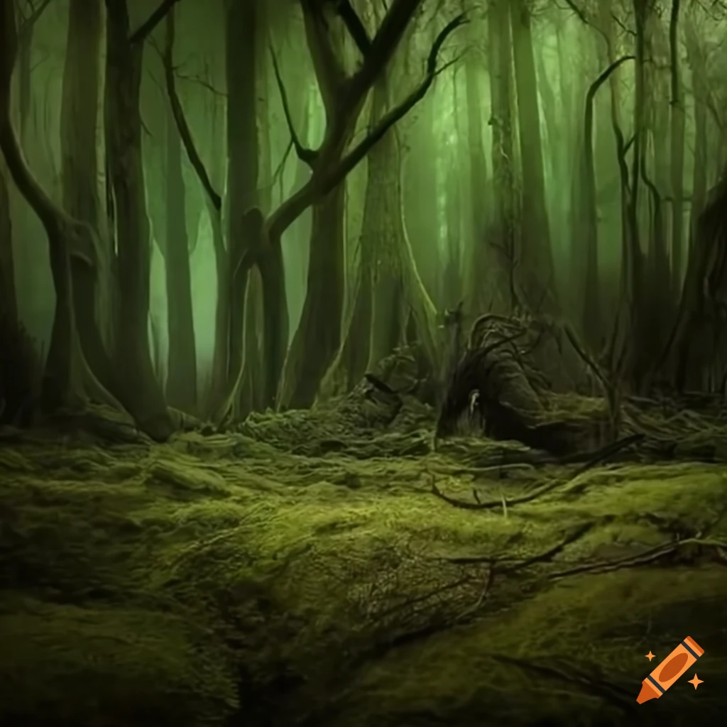 Surreal forest with hidden fantastical creatures among the trees on Craiyon