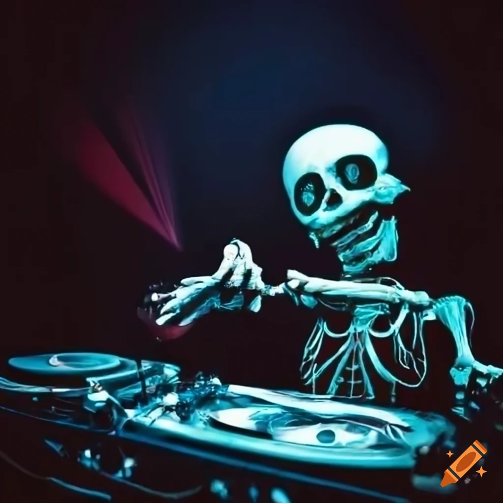 Smiling skeleton dj at a festival on Craiyon