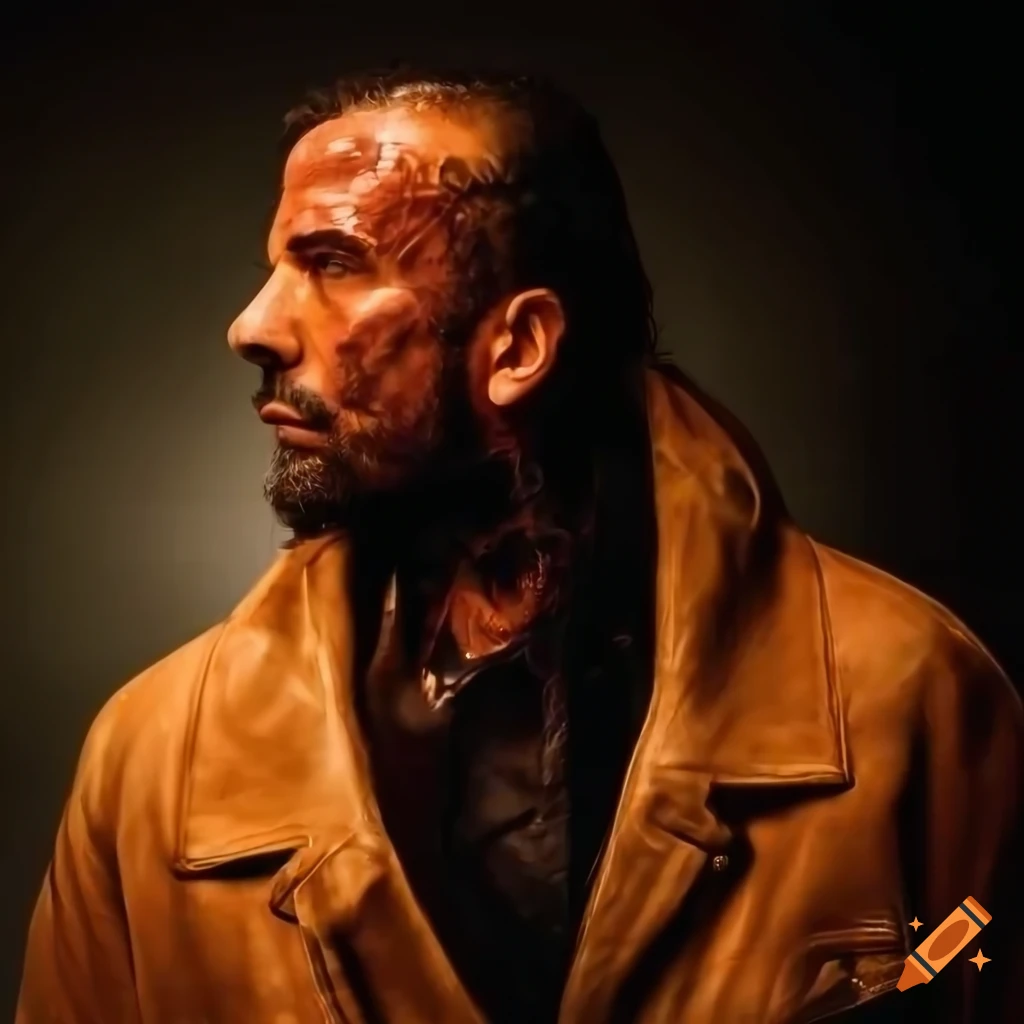 Intense portrait of rugged spanish man with burn scars and leather ...