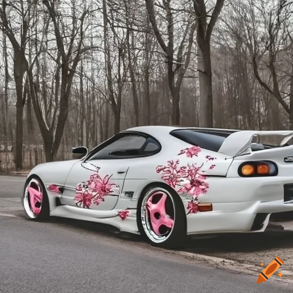 White toyota supra mk4 with cherry blossom decals on Craiyon