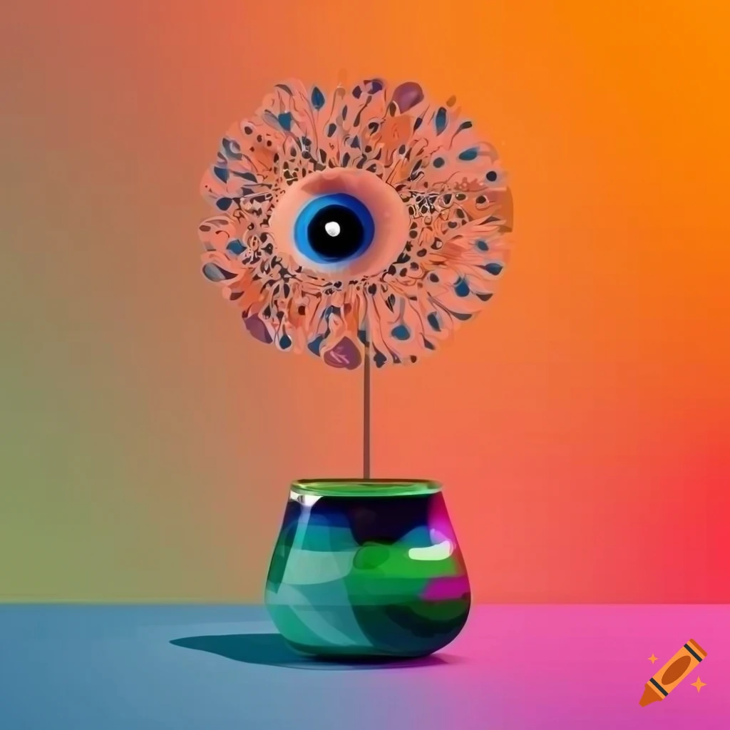 Surrealist flat design of decorative pot and flowers with a glass eye ...