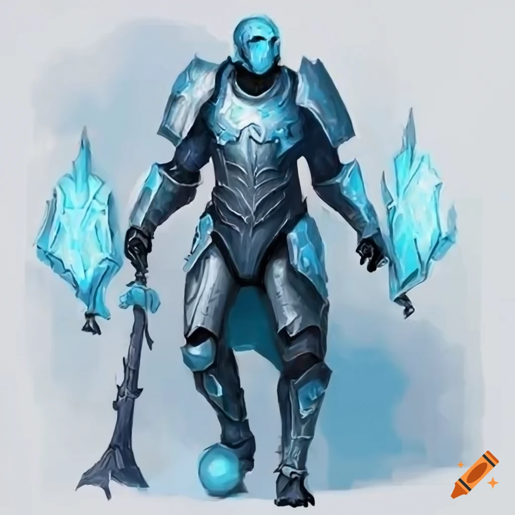 Warforged in ice armor on a white background in full body view on Craiyon