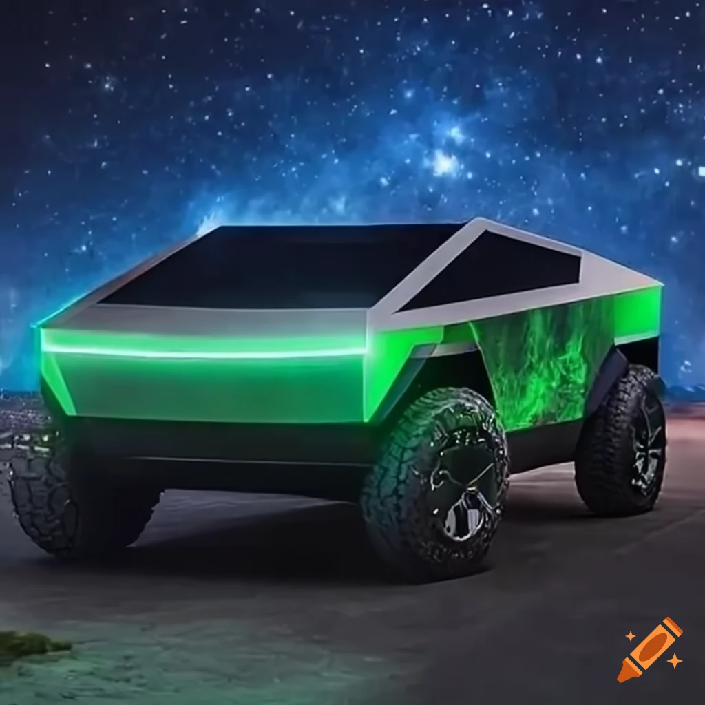 Green Tesla Cybertruck with wolf decal on city backdrop on Craiyon