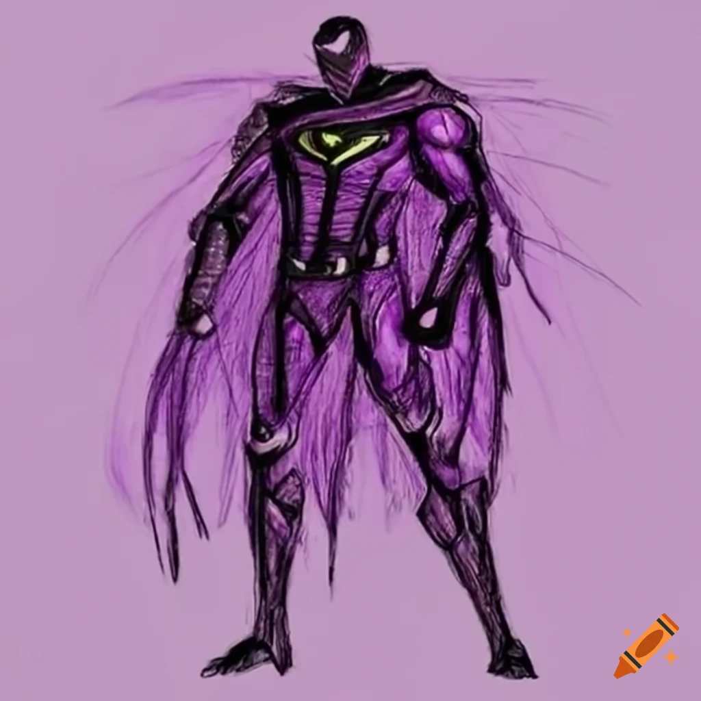 Superhero in black armor emitting purple energy on Craiyon