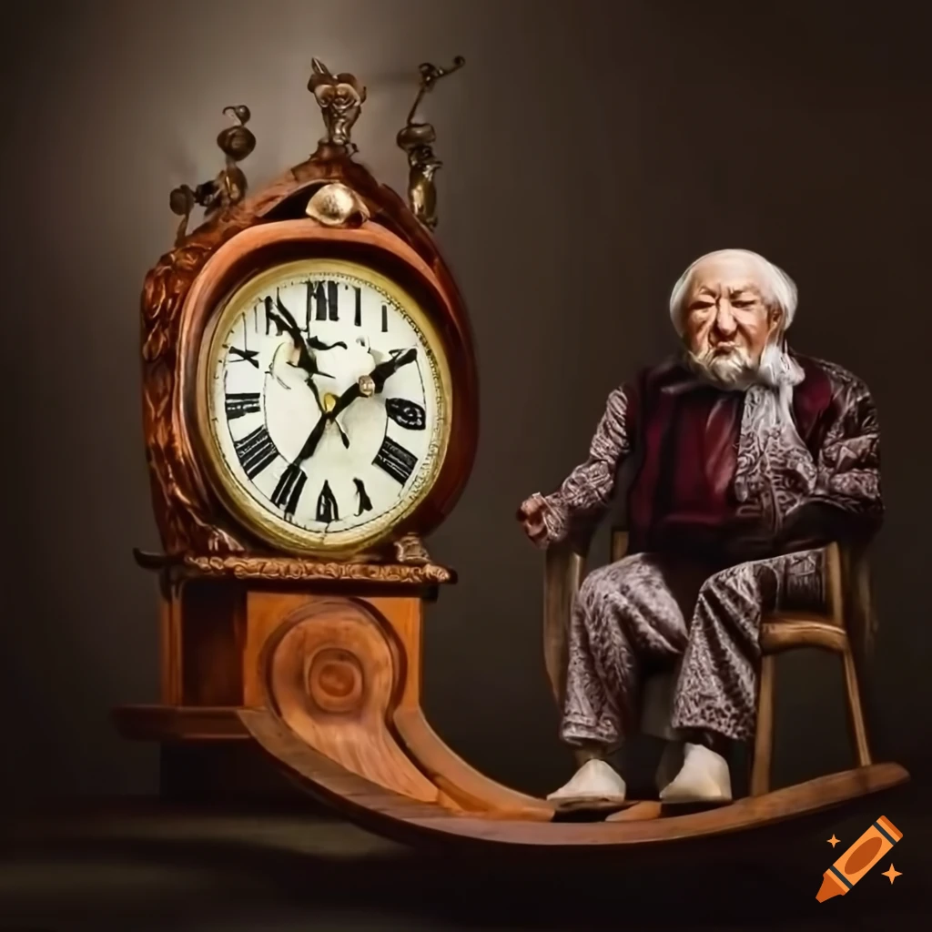 Grandfather clock with an old man in a rocking chair on Craiyon