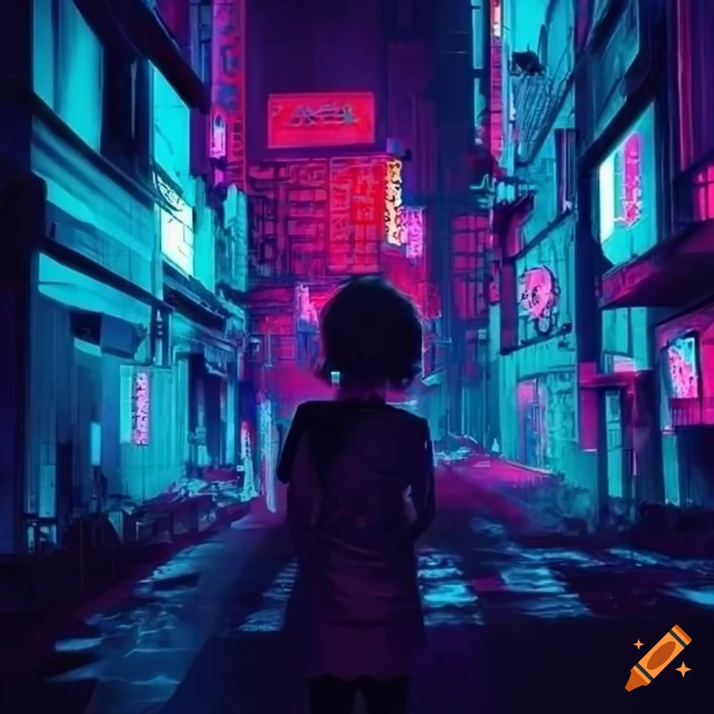 Cyberpunk city in japan with dark neon lights and kanji symbols on Craiyon