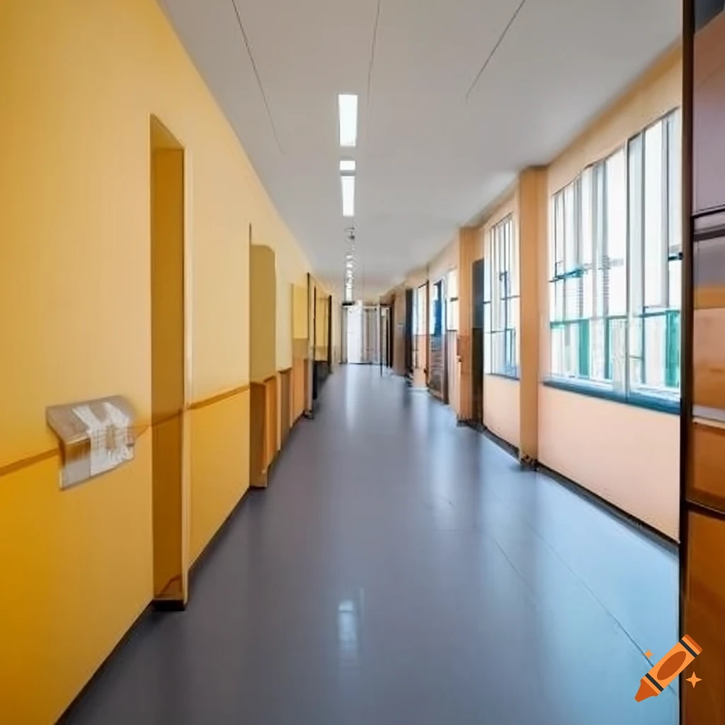 School corridor with classrooms and a hall in the middle on Craiyon