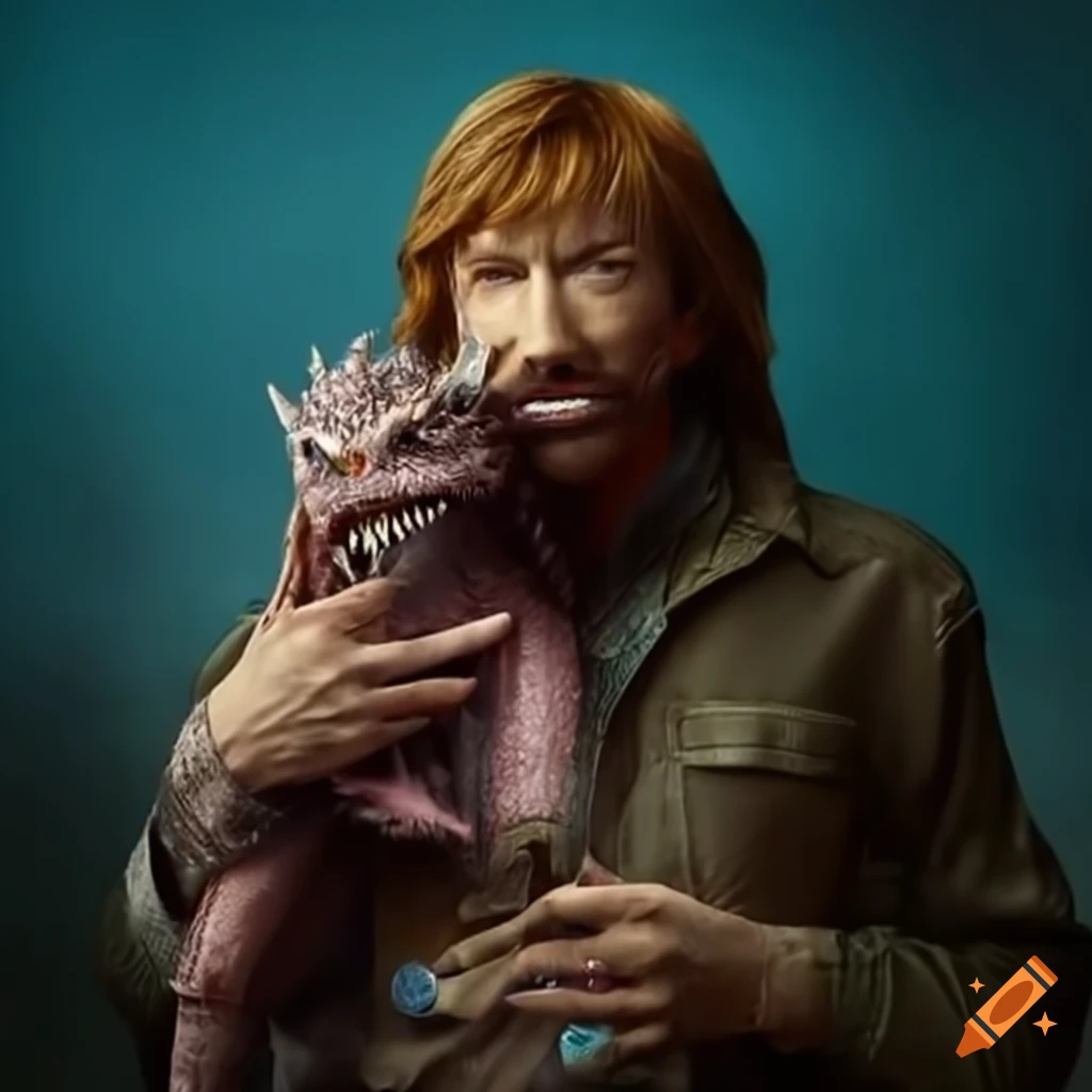 Hyperrealistic chuck norris with his pet dragon on Craiyon