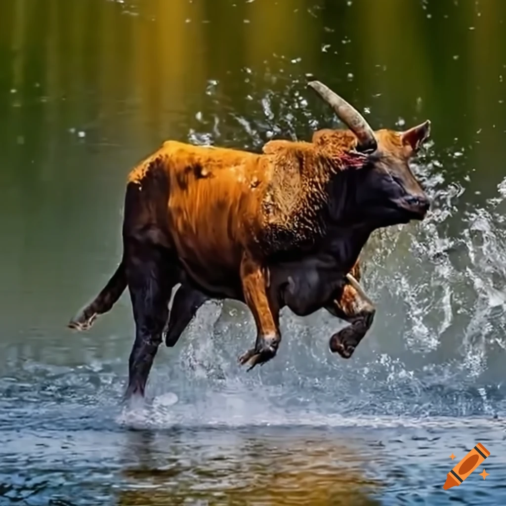 Ox running through a lake with colorful splashes on Craiyon