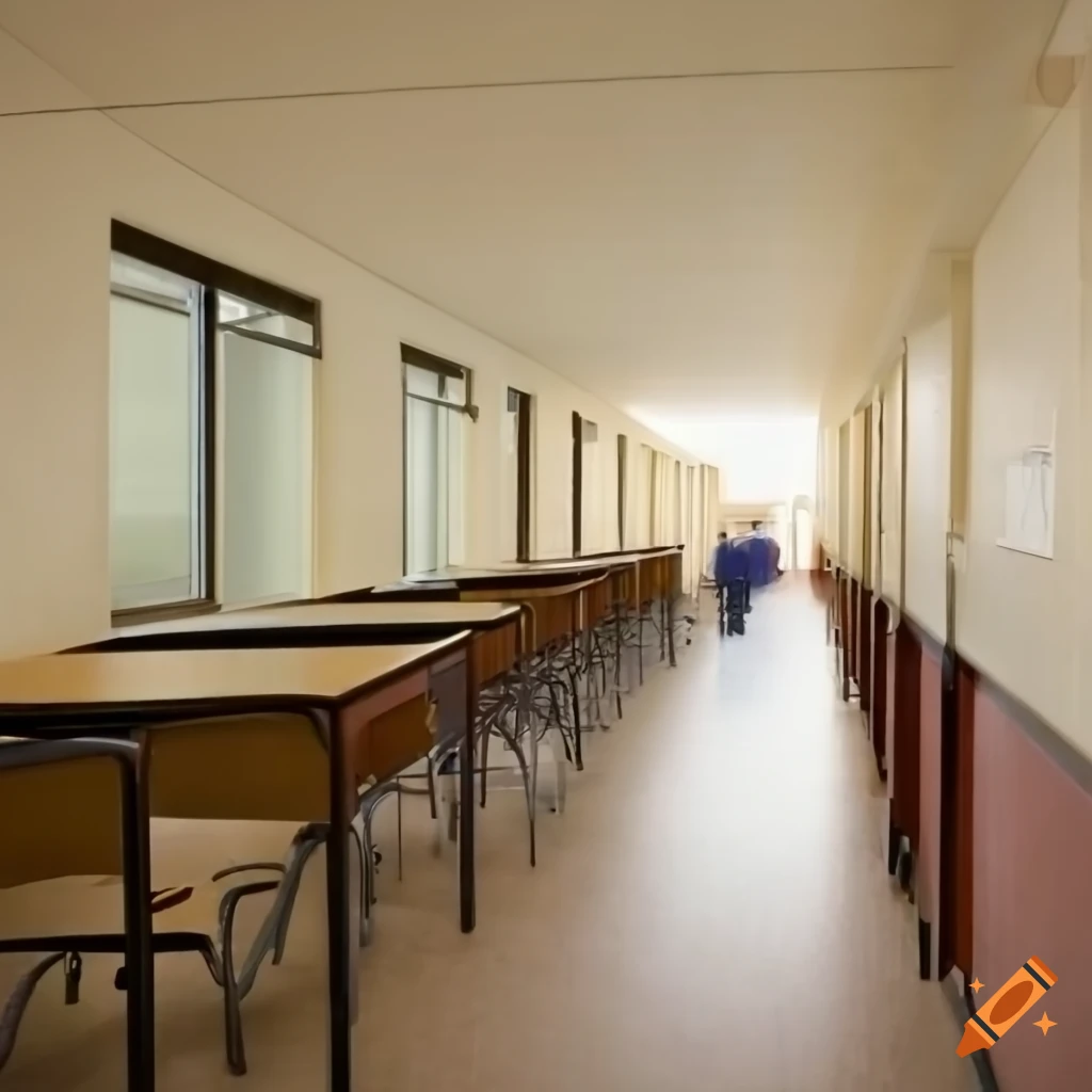 School corridor with classrooms and a hall on Craiyon