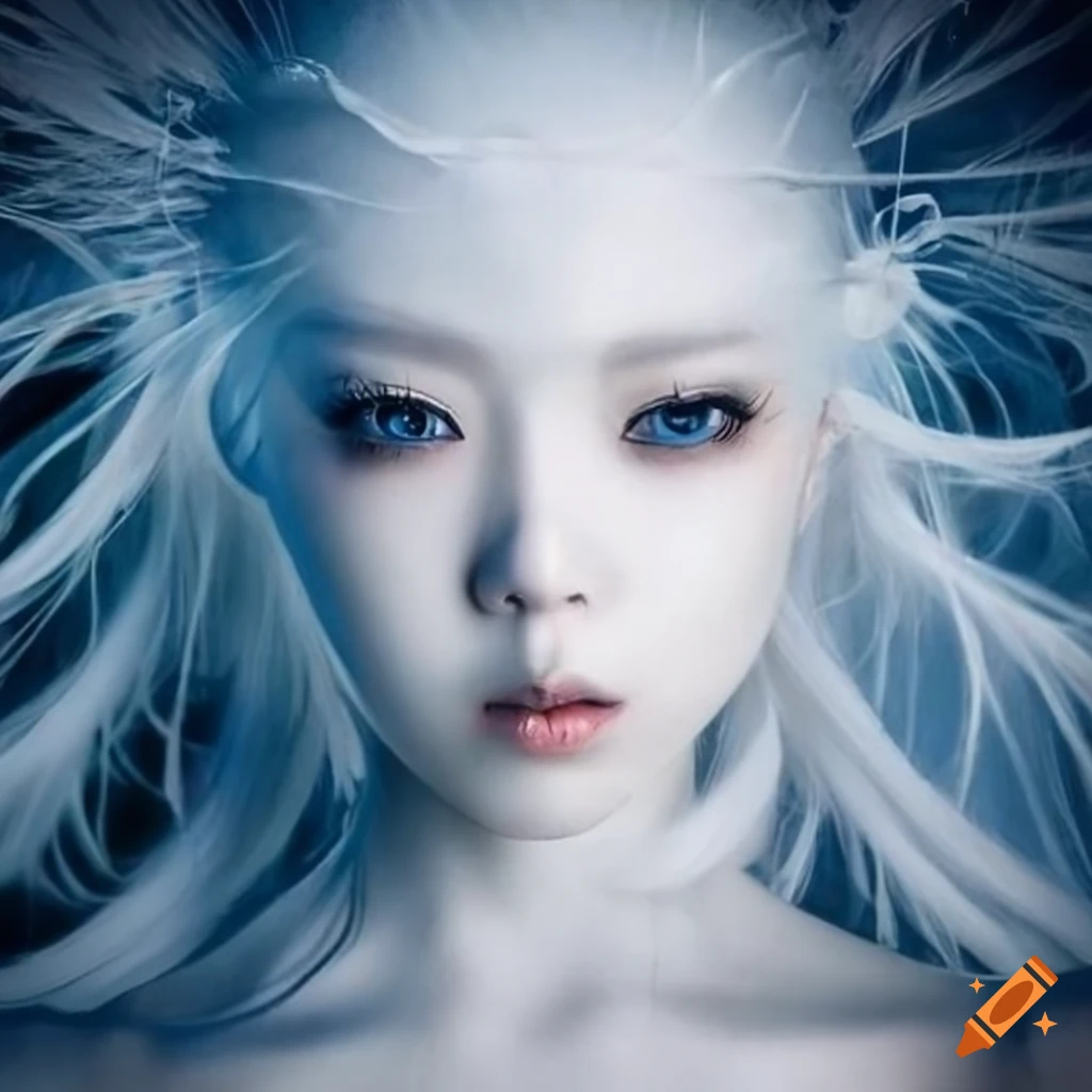 Yoshitaka amanto art of a beautiful girl with white hair in a winter ...