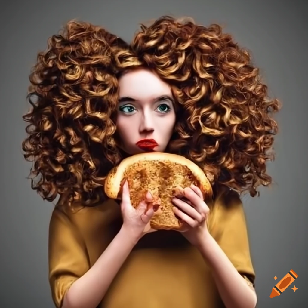 Woman with curly brown hair in a creative toasted bread costume on Craiyon