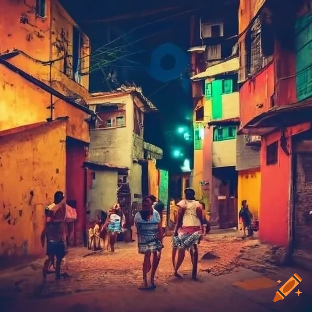 Bustling urban scene of Favela with colorful houses and friendly locals ...