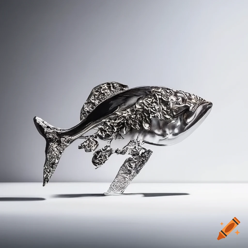 Polished metal sculpture of a gleaming fish under sunlight on Craiyon