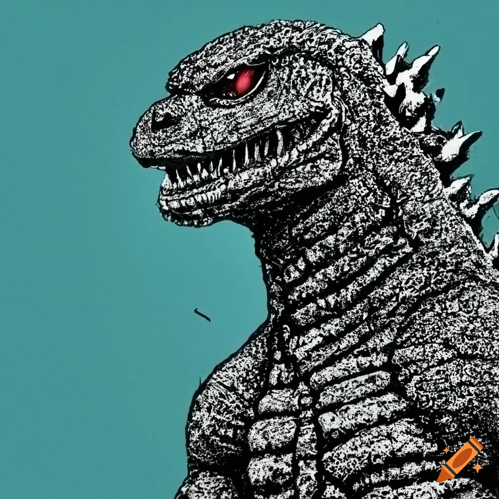 Stippled screen print of godzilla art on Craiyon