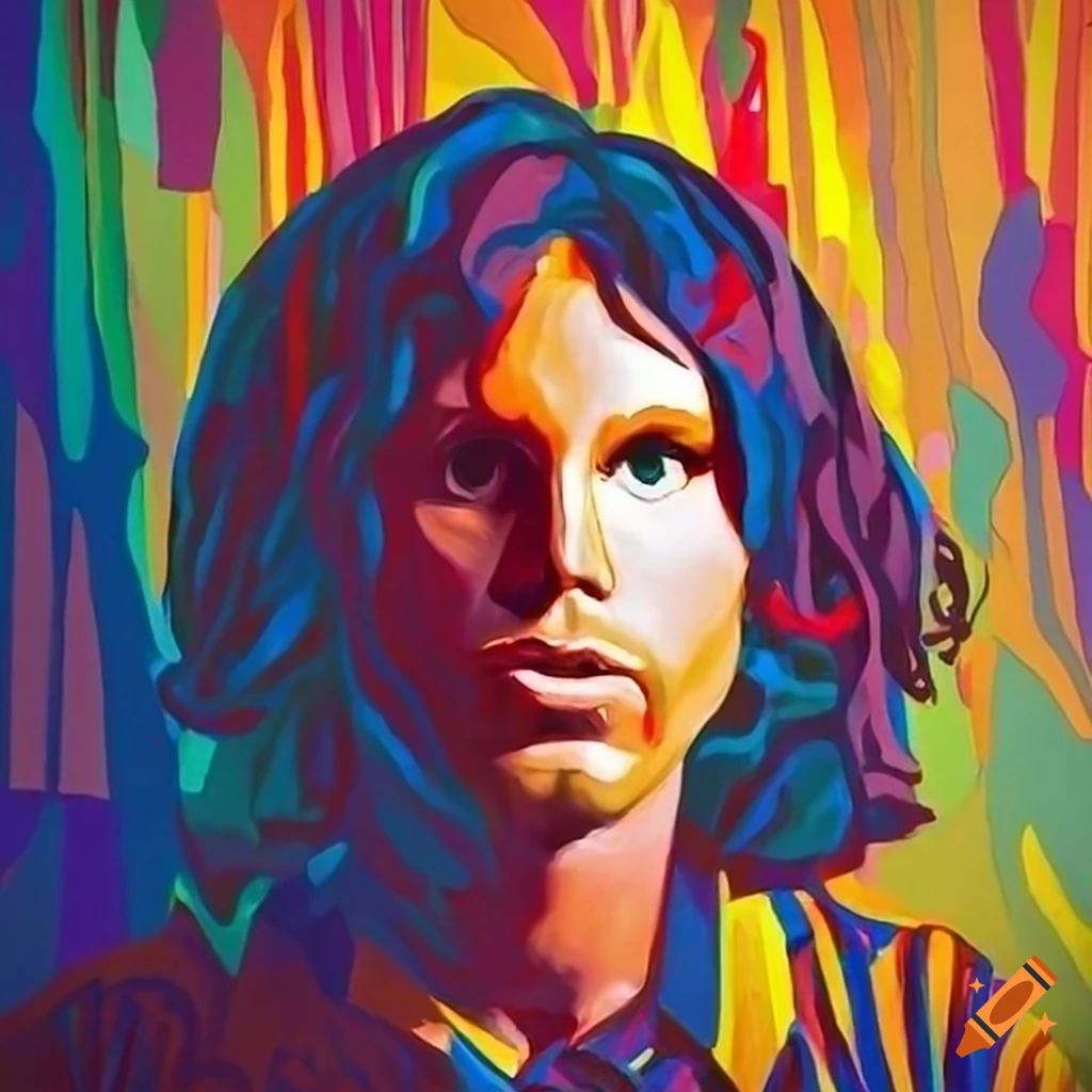 Jim Morrison portrait with bright colors in the style of Munch on Craiyon