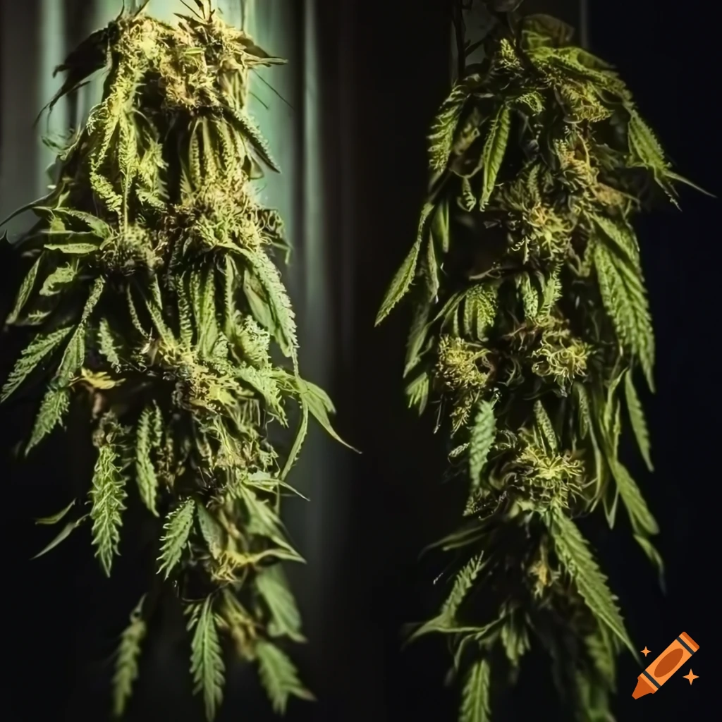Hanging upside down cannabis plant with flowers drying in a dark room on Craiyon
