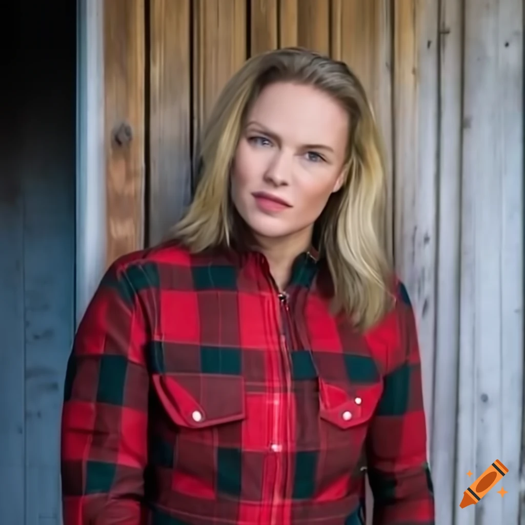 Blonde actress in red plaid shirt and black leather jacket on Craiyon