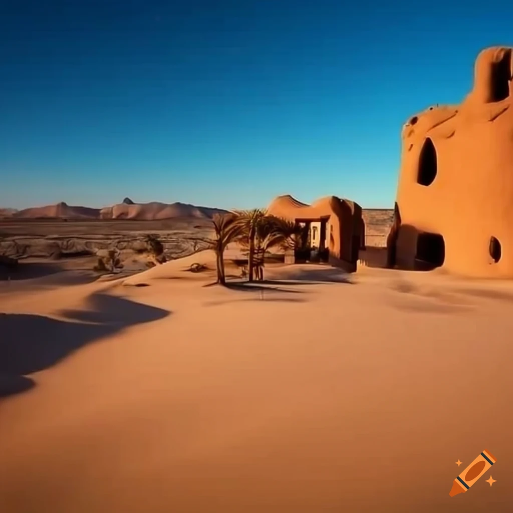 Clay desert mansion surrounded by sand and palm trees with an oasis on ...