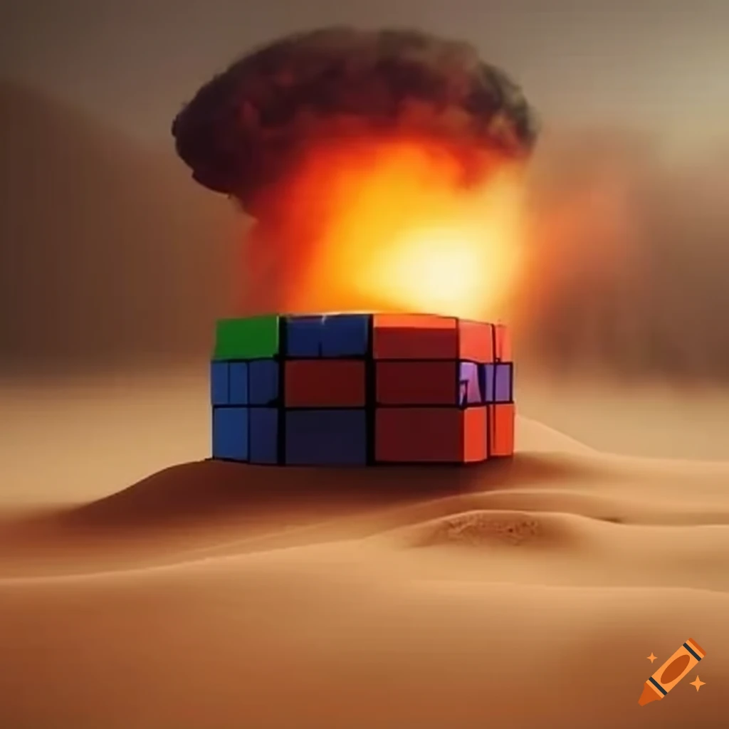 Rubik's cube in desert sandstorm with nuclear explosion backdrop on Craiyon