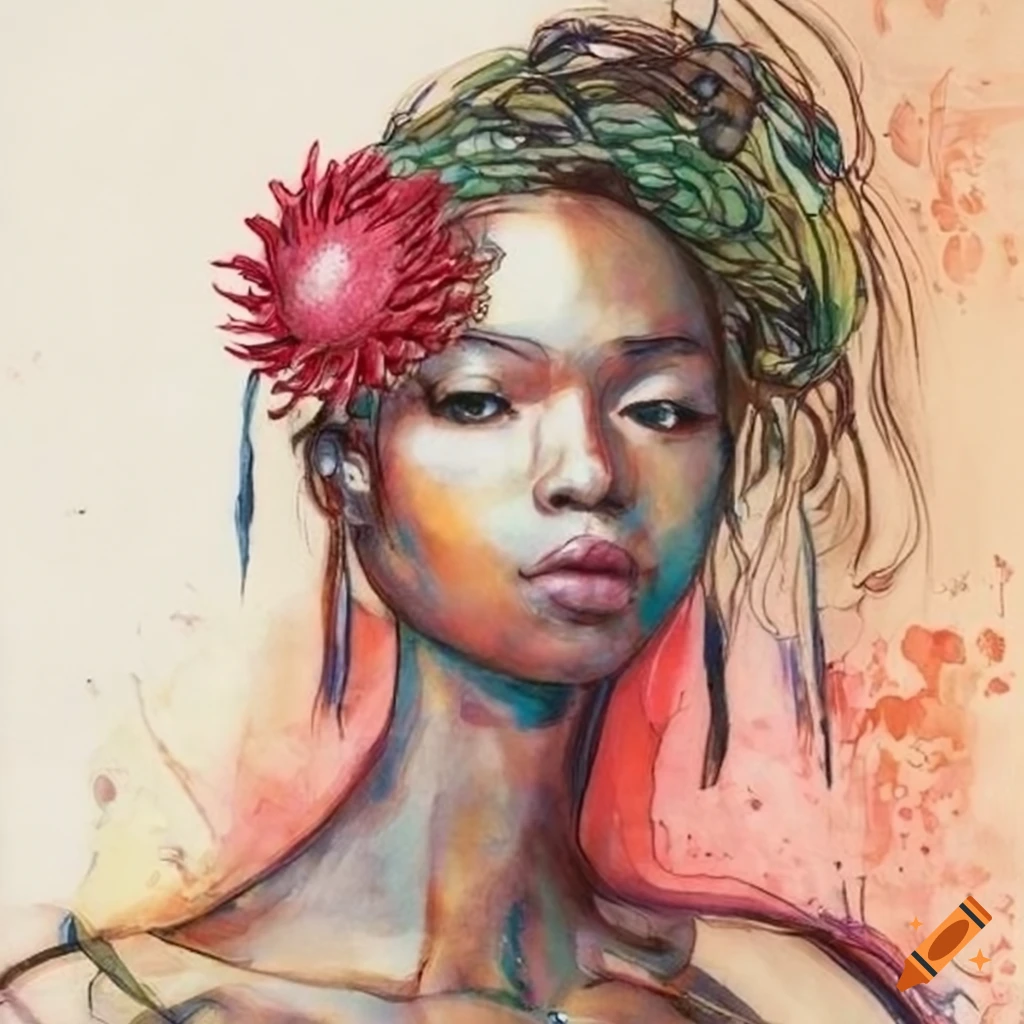 Woman with protea in her hair in a noble lady portrait with abstract ...