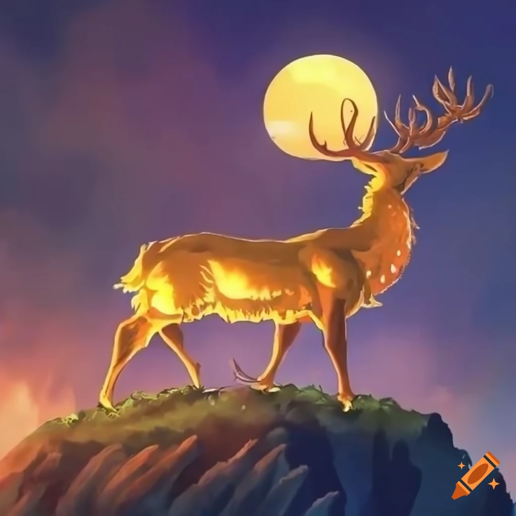 Mythical golden deer ascending a hill at sunset on Craiyon