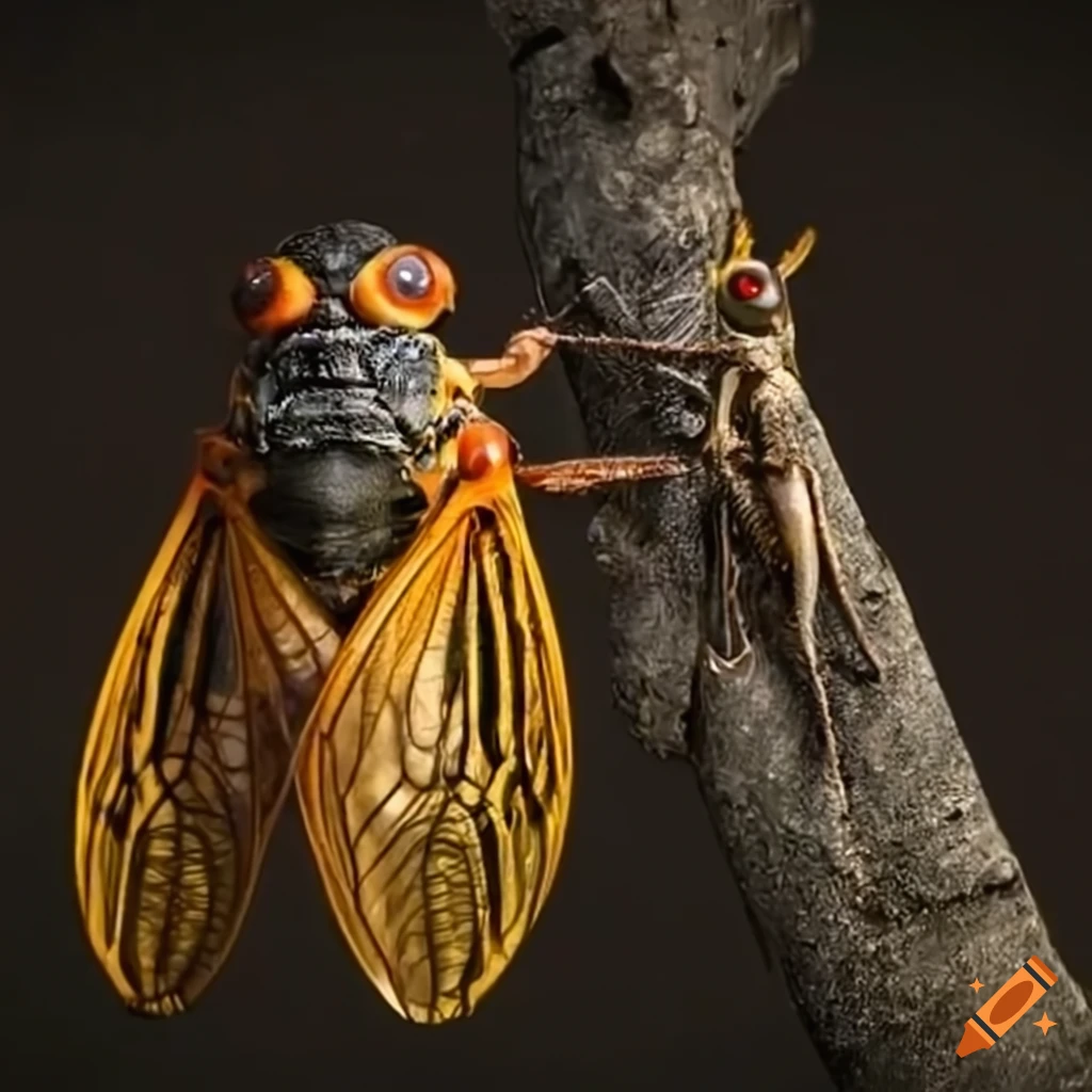 Man standing next to a 6-foot cicada with height indications on Craiyon