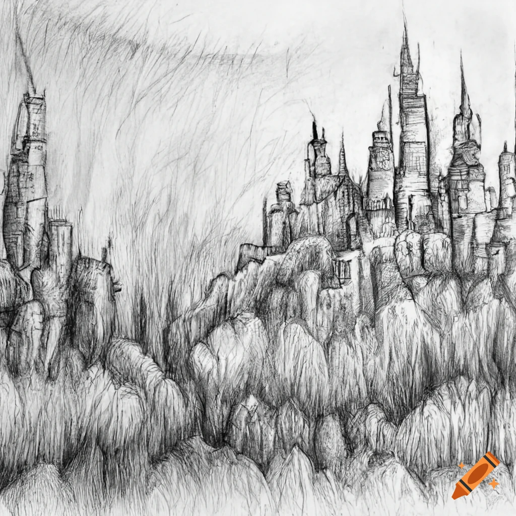 Macro view of forest city on a distant world in black and white pencil ...