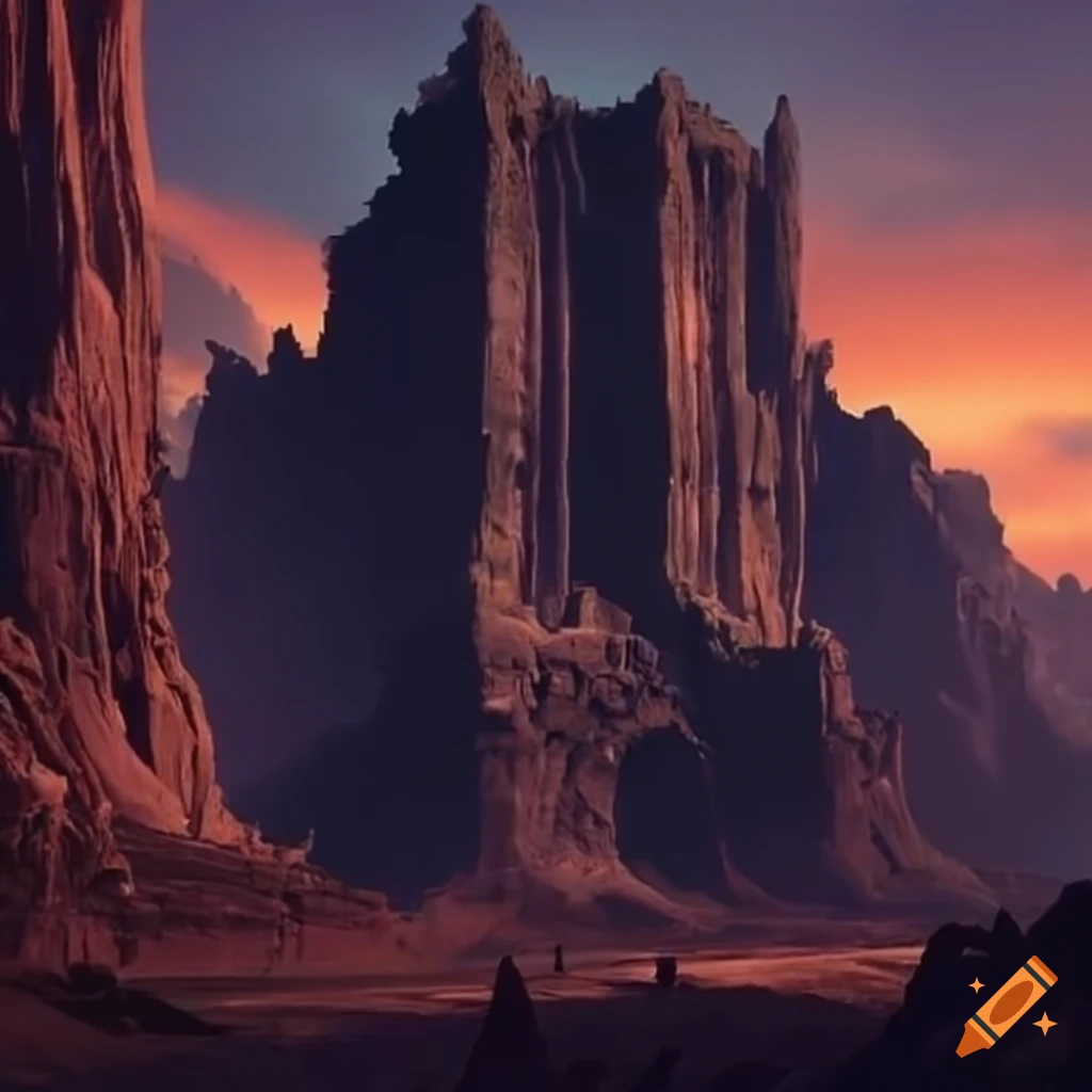 Ruins near a dark rift in a giant canyon on Craiyon