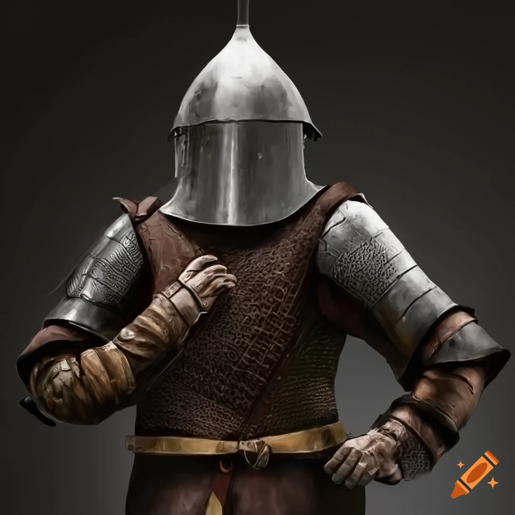 Medieval guard in armor with an aggressive posture facing right on Craiyon