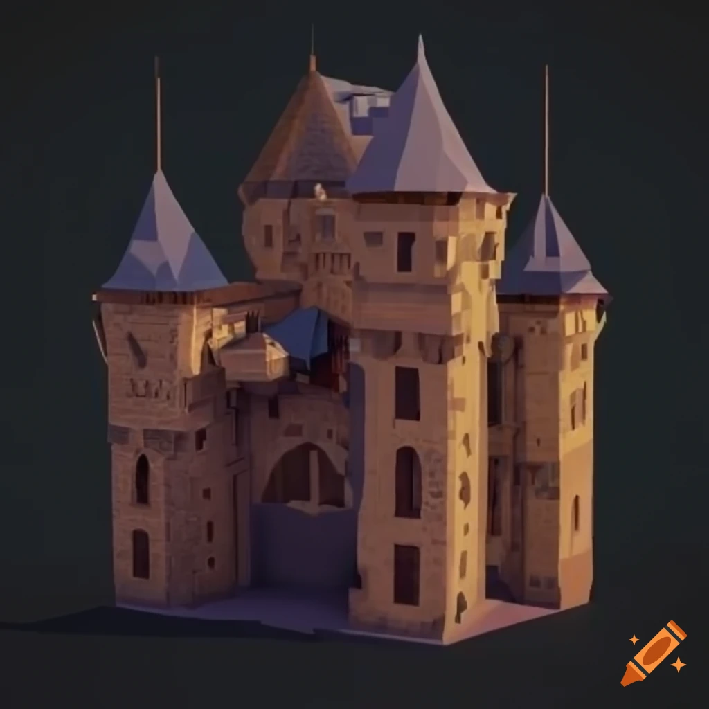 Intricately detailed low poly medieval castle with firing cannon on Craiyon