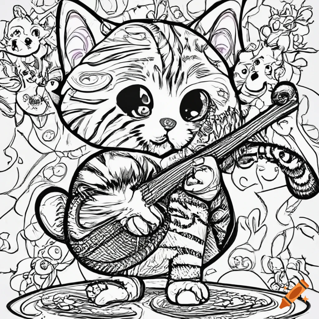 Cute kittens playing instruments in a black and white coloring book ...