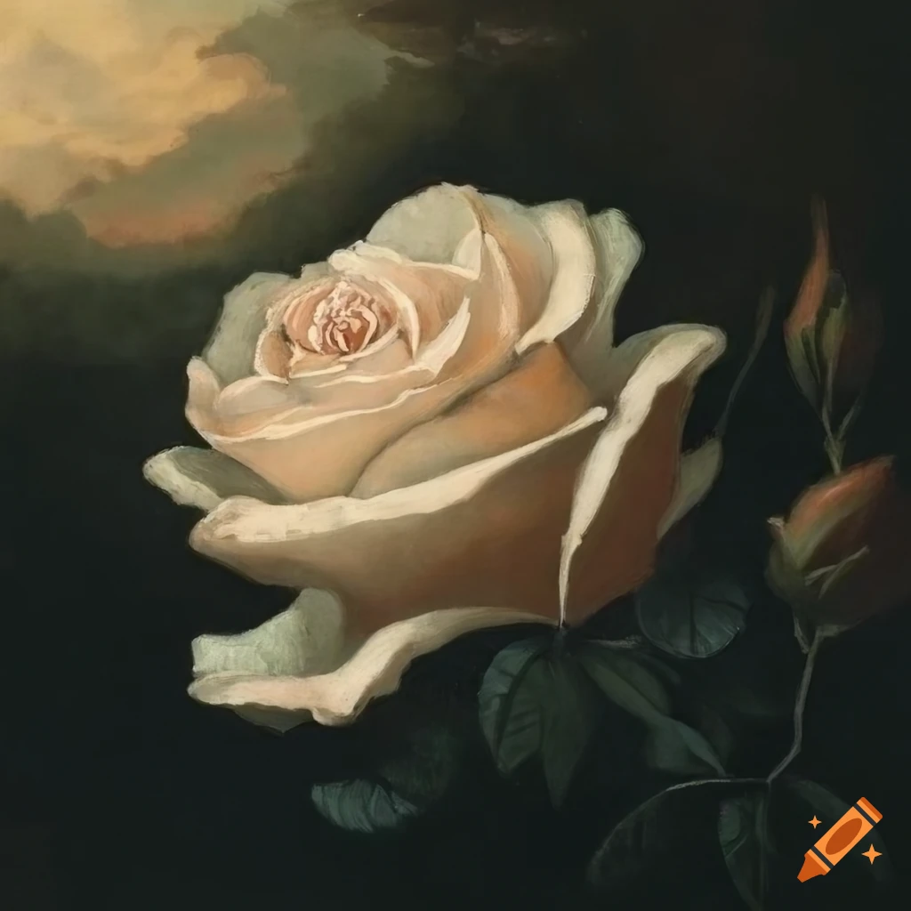 Dark pastel drawing of 18th century landscaped park with white roses on ...