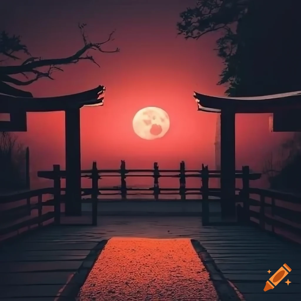 Enchanting tokyo forest with red full moon and serene torii gate on Craiyon